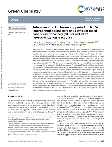 Pdf Subnanometric Pt Clusters Supported On Mgo Incorporated Porous Carbon As Efficient Metal