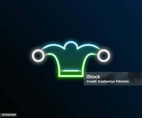 검은 색 배경에 고립 된 종과 빛나는 네온 라인 제스터 모자 광대 아이콘입니다 놀이 공원 재미 남자 기호 다채로운 개요 개념