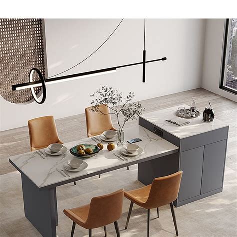 Retractable Island Dining Table Grey White Rectangular Table Furniture