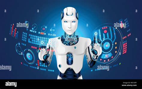 Robot Humanoid Works With A Virtual Hud Interface In Augmented Reality Robot With A Plastic