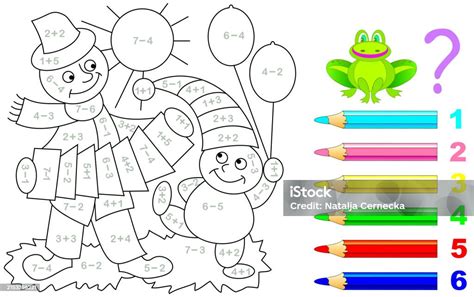 덧셈과 뺄셈에 대한 어린이를 위한 수학 연습 관련 색상의 그림을 그립니다 아이들의 숫자 세기 기술 개발 색칠 공부 아이들을 위한 교육용 워크시트 0명에 대한 스톡 벡터 아트