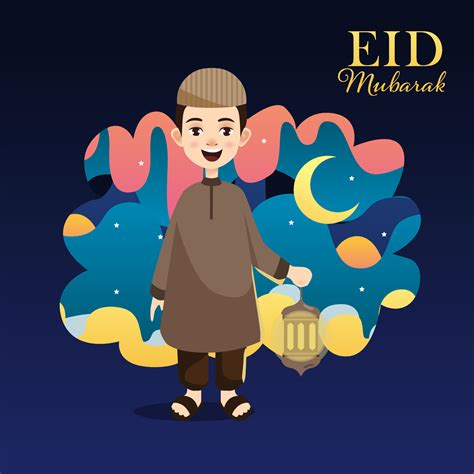 Muslim Boy Character Bring Lantern Celebrate For Eid Mubarak Vector