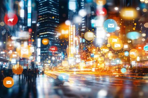 Night Cityscape With Glowing Email Icons Overlay Symbolizing