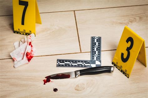 범죄 현장 조사 피 묻은 칼 살인 증거 프리미엄 사진