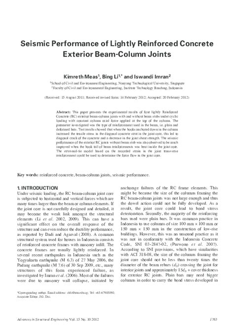 Pdf Seismic Performance Of Lightly Reinforced Concrete Exterior Beam Column Joints