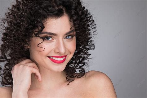 Beautiful Woman With Curly Hair Portrait Of Beautiful Smiling Woman