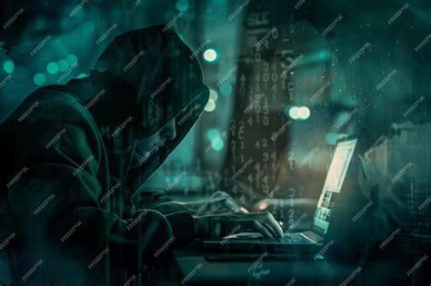 Hooded Hacker Typing On A Laptop In Dark Room At Night Premium Ai Generated Image