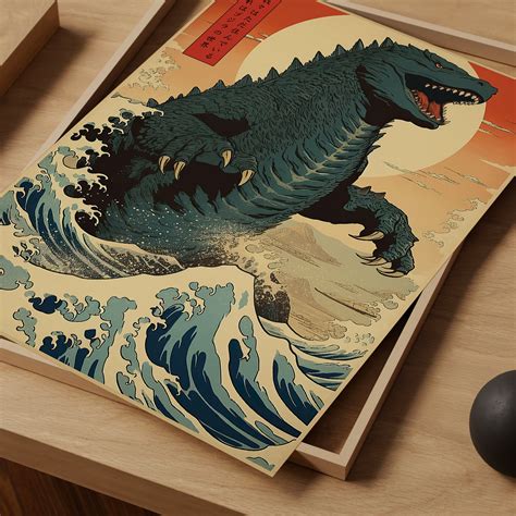 Classic Godzilla Japanese Wall Art Traditional Japan Wave Print The