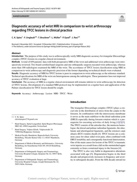 Diagnostic Accuracy Of Wrist Mri In Comparison To Wrist Arthroscopy