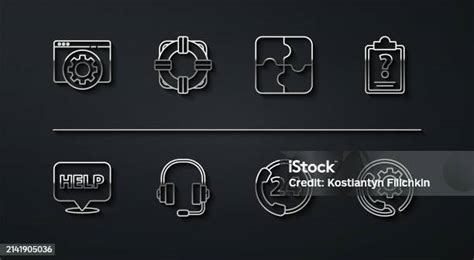 회선 브라우저 설정 텍스트 도움말이 있는 말풍선 클립보드 물음표 전화 24시간 지원 헤드폰 구명 부표 및 퍼즐 조각 아이콘을 설정합니다 벡터 24에 대한 스톡 벡터 아트 및