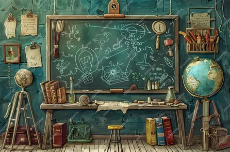 A Cartoon Illustration Of A Cluttered Classroom With A Blackboard