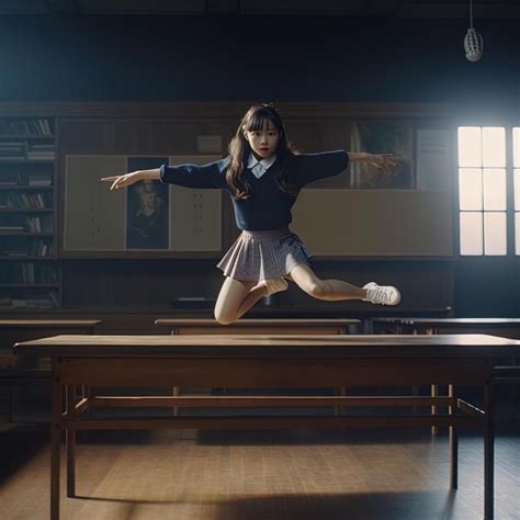 a girl is jumping on a table with a shirt that says she is jumping premium ai generated image