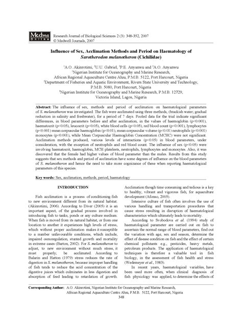 Pdf Influence Of Sex Acclimation Methods And Period On Haematology Of Sarotherodon