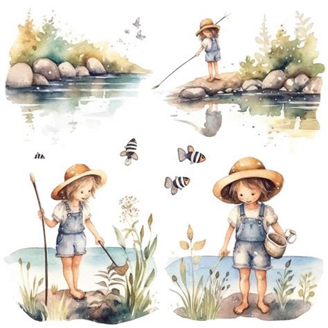 Hay Cuatro Imágenes De Una Niña Pescando Y Un Niño Pescando Ai