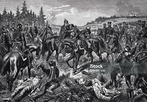 쾨니그레트 전투 후 저녁에 프로이센 국왕빌헬름과 프리드리히 빌헬름 왕세자 1866년에 대한 스톡 벡터 아트 및 기타 이미지 1866년 19세기 19세기 스타일