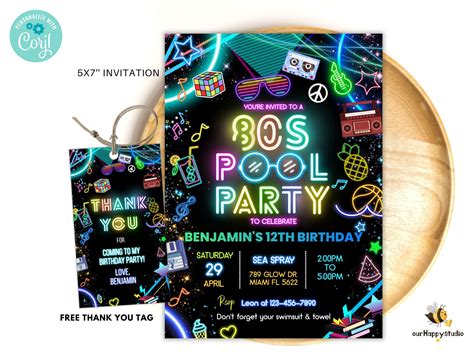 Editable 80s Pool Party Invitation Retro Water Park Invite Tropical Neon Birthday Pool Party