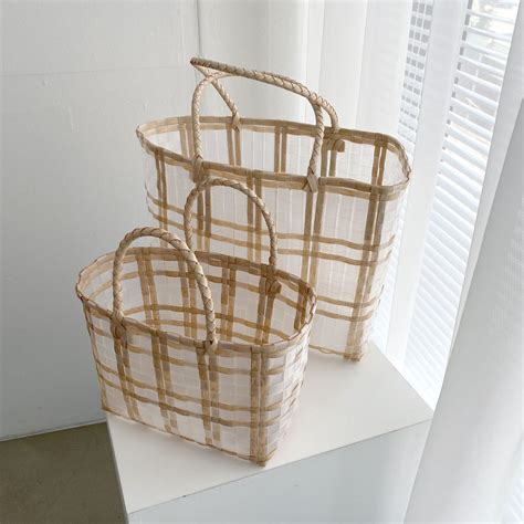 격자 그물 투명 라탄 비치 숄더백