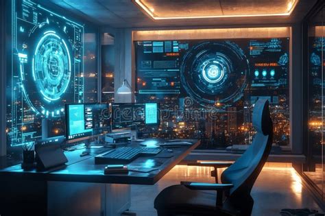 A Futuristic Workspace With A Glowing Interface And A Cityscape