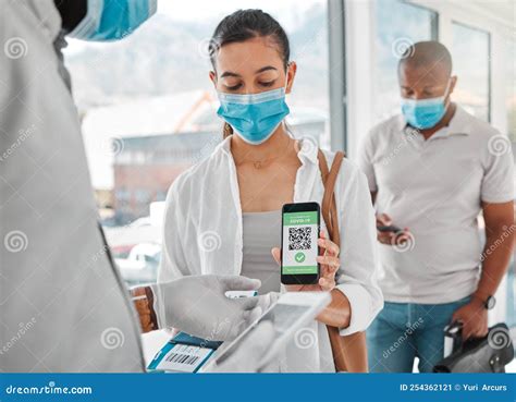 Covid Passport Qr Code Or Travel With Security Scanning A Woman In