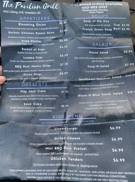 Menu At The Pavilion Grill Restaurant Vermilion