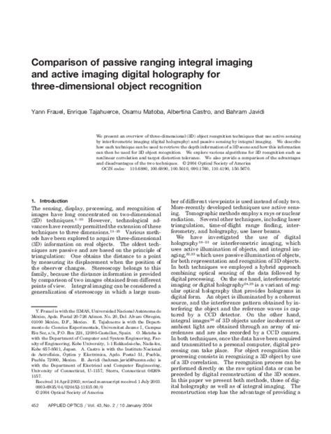 Pdf Comparison Of Passive Ranging Integral Imaging And Active Imaging Digital Holography For