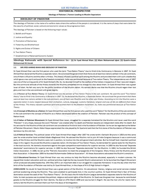 Bs 1st Semester Pak Studies Notes By Awais Akram Pdf Two Nation