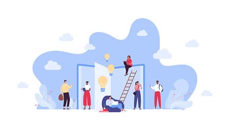 학교 및 대학 교육 개념 벡터 플랫 피플 일러스트레이션 학생의 다민족 그룹 책 전구 하늘 배경에 성공 표지판의 사다리 아프리카 백인 혼합 인종 대학생에 대한 스톡 벡터 아트