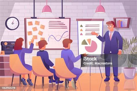 평면 만화 디자인의 비즈니스 교육 개념 교육 강의 또는 마스터 클래스를 만드는 코치 직원은 자신의 전문적인 자질을 향상시킵니다