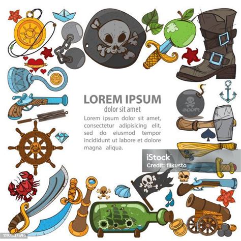 해적 테마의 사각형 프레임입니다 어린이 게임과 상품의 다양한 디자인 만화 스타일의 재미있는 캐릭터 검에 대한 스톡 벡터 아트 및 기타 이미지 Istock
