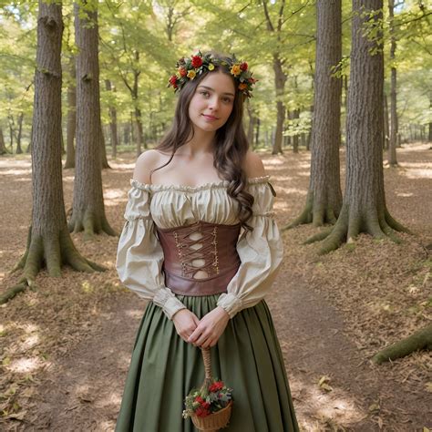 Medieval Peasant Maiden Costume Off Shoulder Blouse And Green Skirt
