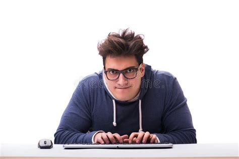 Funny Nerd Man Working On Computer Isolated On White Stock Image Image Of Hacker Aggressive