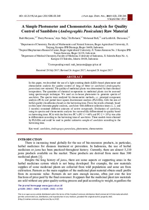 Pdf A Simple Photometer And Chemometrics Analysis For Quality Control Of Sambiloto