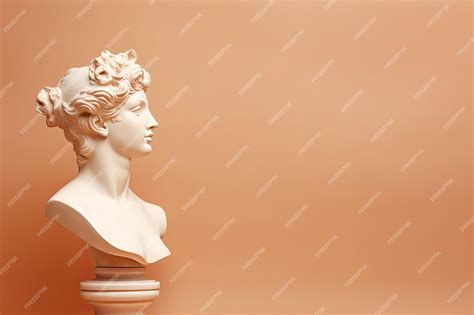 파스텔 배경 복사 공간에 있는 고대 그리스 여신의 골동품 대리석 조각상 흉상 프리미엄 사진