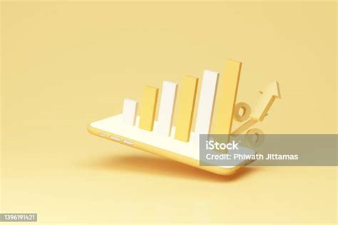 전화 화면의 큰 비율 기호 및 막대 차트와 금융 안정성과 성장의 개념의 디지털 돈과 노란색 배경에 텍스트를 입력하기위한 빈 공간 현실적인 3d 렌더링 차트에 대한 스톡 사진