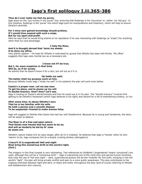 Iagos Soliloquy Analysis Othello Act 1 Scene 3