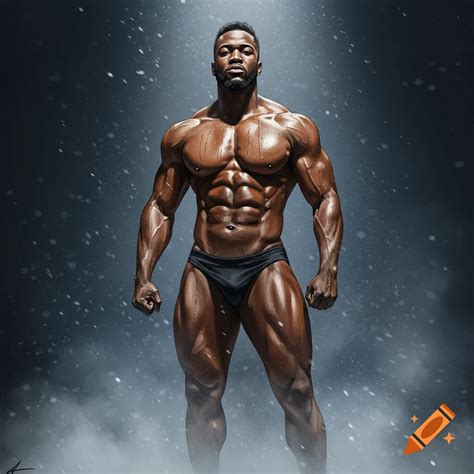 A Highly Muscular Black Man In Black Briefs Poses With A Serious