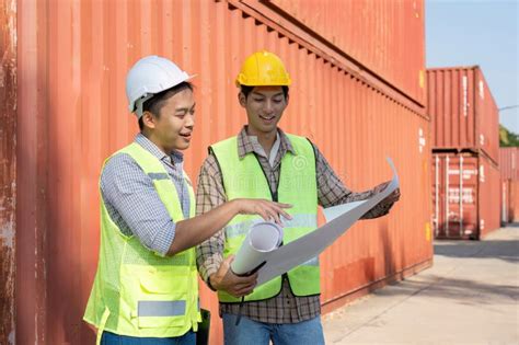 engineers analyzing logistics plans in a container yard focusing on