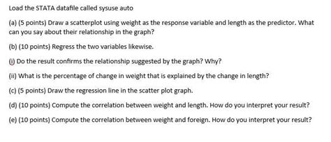 solved load the stata datafile called sysuse auto a 5