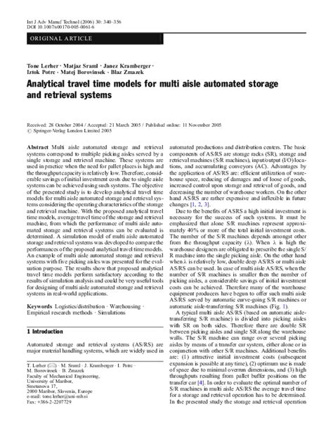 pdf analytical travel time models for multi aisle automated storage