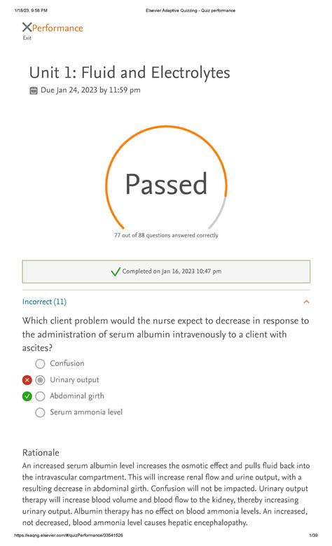 Elsevier Adaptive Quizzing Fluid Electrolyte Exit Performance Unit