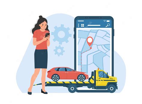 길가 지원 서비스 개념 견인 트럭 벡터 일러스트 레이 션을 호출하는 여자 프리미엄 벡터