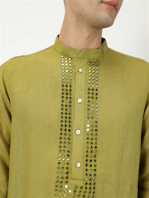 sap green full sleeve pure linen long kurta with mirror work linen trail