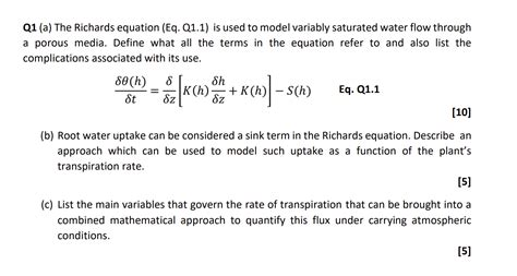 Solved Q1 A ﻿the Richards Equation Eq ﻿q11 ﻿is Used To