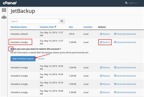 khôi phục dữ liệu hosting cpanel với jetbackup restore database how