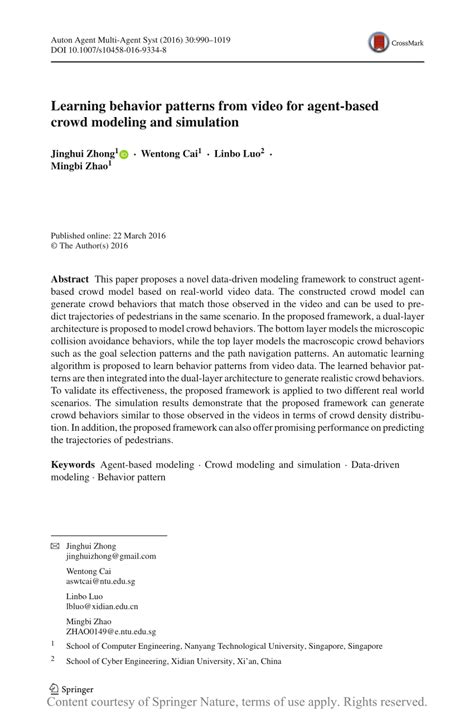 Learning Behavior Patterns From Video For Agent Based Crowd Modeling And Simulation Request Pdf
