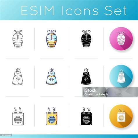 공기 청정기 가습기 가전 제품 아이콘 세트 호흡 관리 장치 국내 이온제 습도 조절장치 선형 검정 색 및 Rgb 색상 스타일 격리된 벡터 그림 0명에 대한 스톡 벡터 아트 및