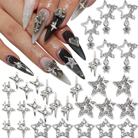 Rodaky 30pcs Star Nail Charms Silver Stars Nail Gems 3d