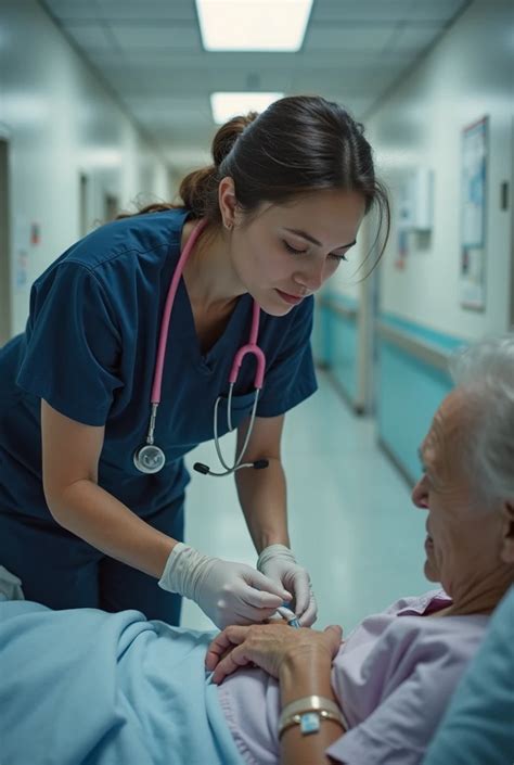 A Nurse In Navy Scrubs With A Pink Stethoscope Leans Over A Hospital