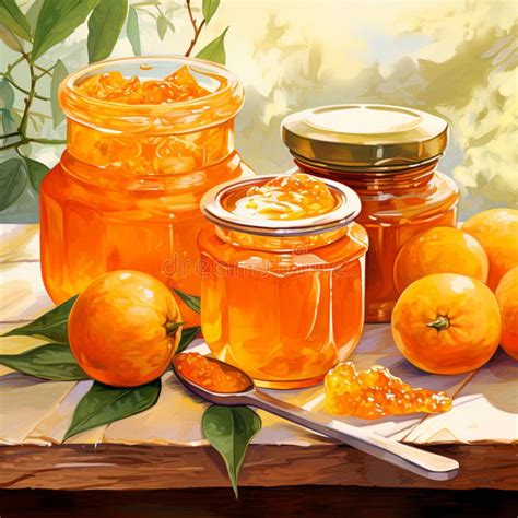 Rustic Still Life Of Orange Marmalade In Glass Jars With Fresh Fruit