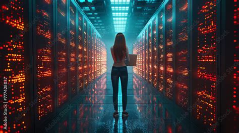 D Graphics Concept Big Data Center Female Chief Technology Officer Using Laptop Standing In